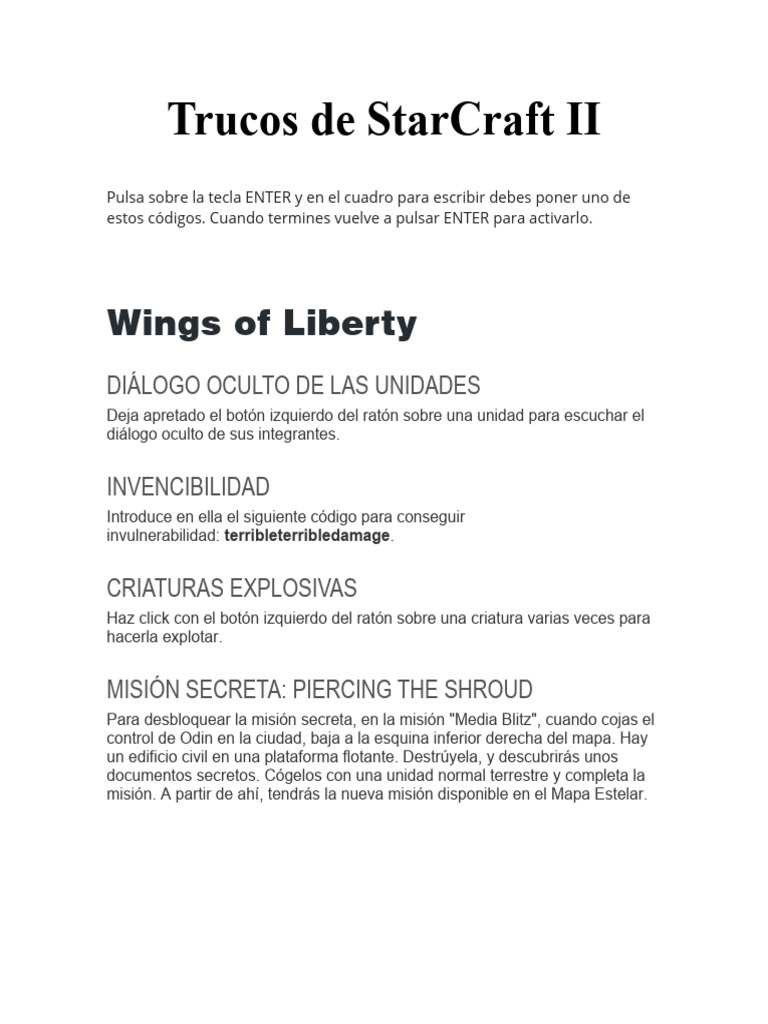 Trucos y Códigos para StarCraft II | PDF | Videojuegos | Videojuego Gameplay
