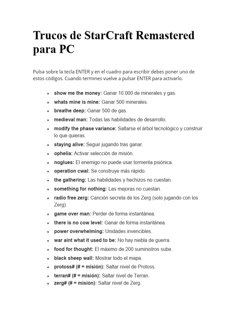 Trucos StarCraft Remastered para PC | PDF