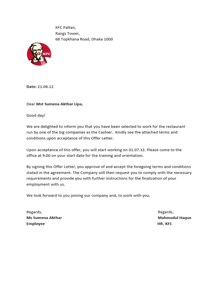 Restaurant Employment Offer Letter Template | PDF