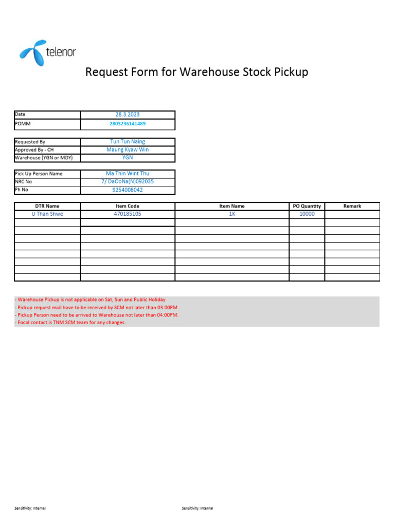 Warehouse Stock Pickup Form | PDF