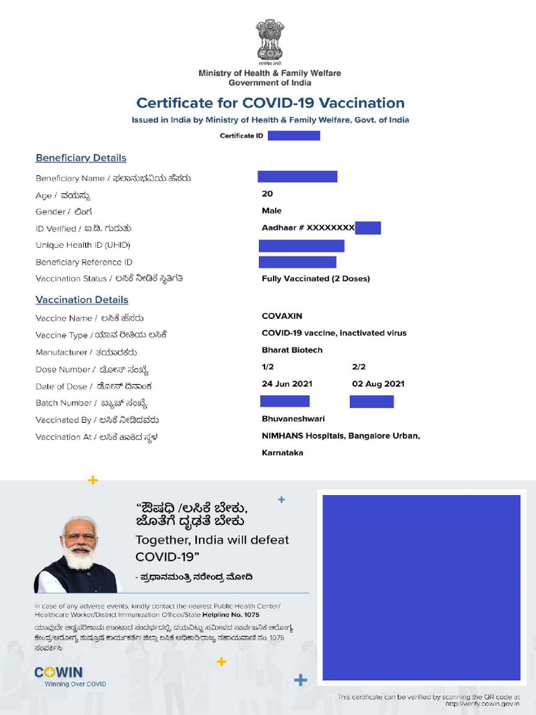 Indian CoVID-19 Vaccination Certificate | PDF