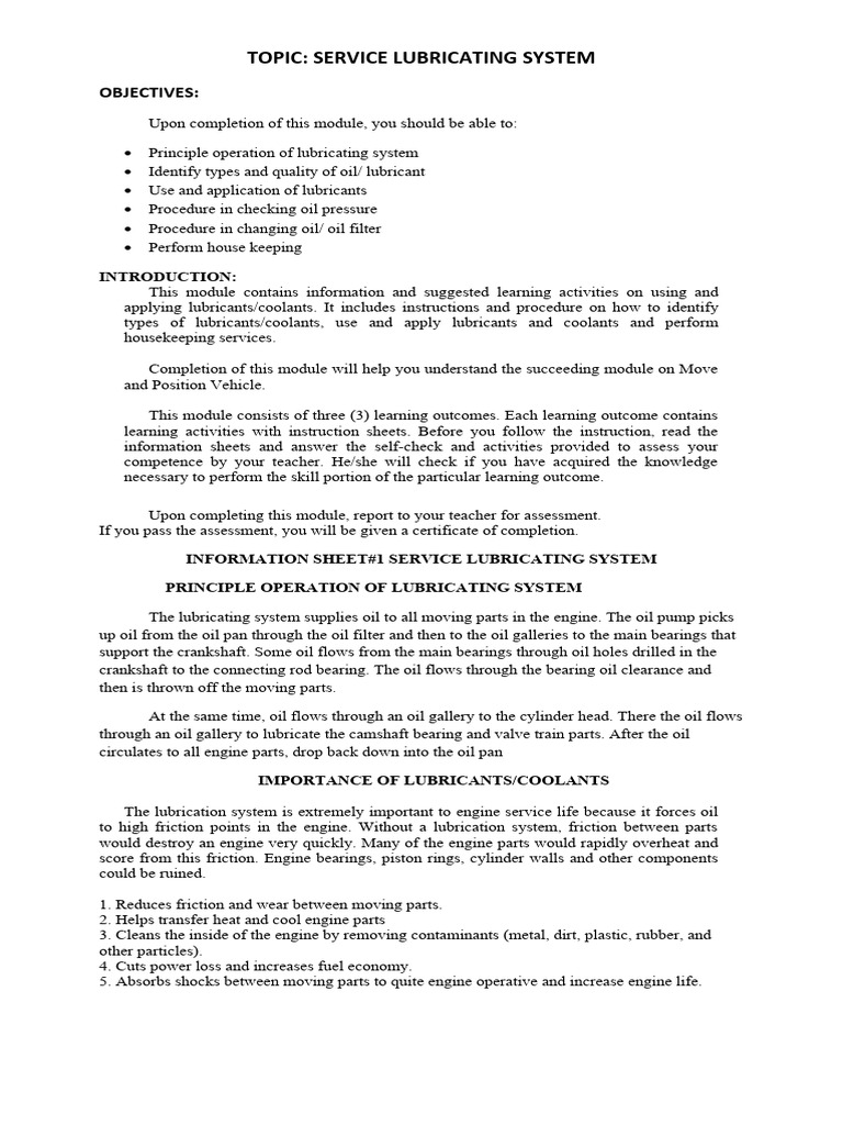 Service Guide for Engine Lubrication | PDF | Motor Oil | Lubricant