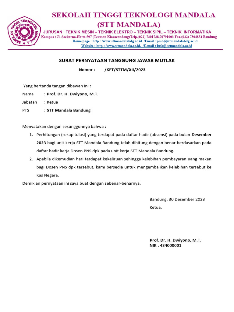 Surat Pernyataan STT Mandala 2023 | PDF