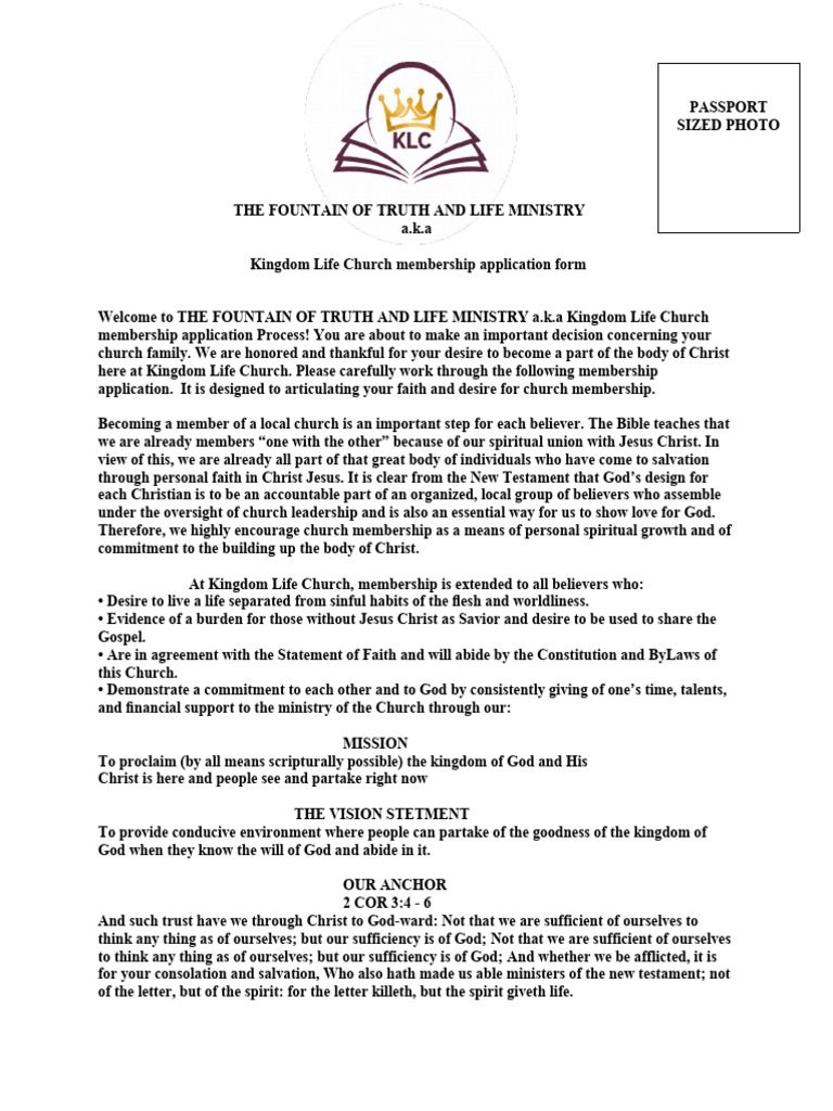 Klc Membership Form | PDF | Baptism | Christian Church