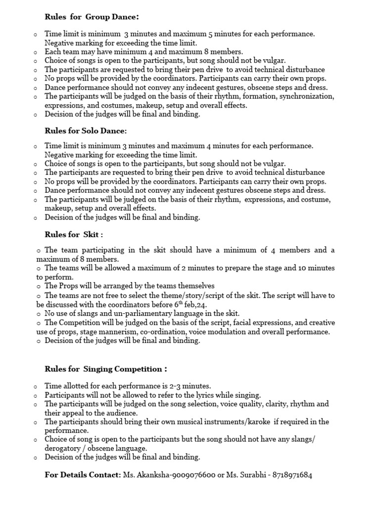 Rules For Solo, Group Dance, Skit and Singing | PDF | Dances ...