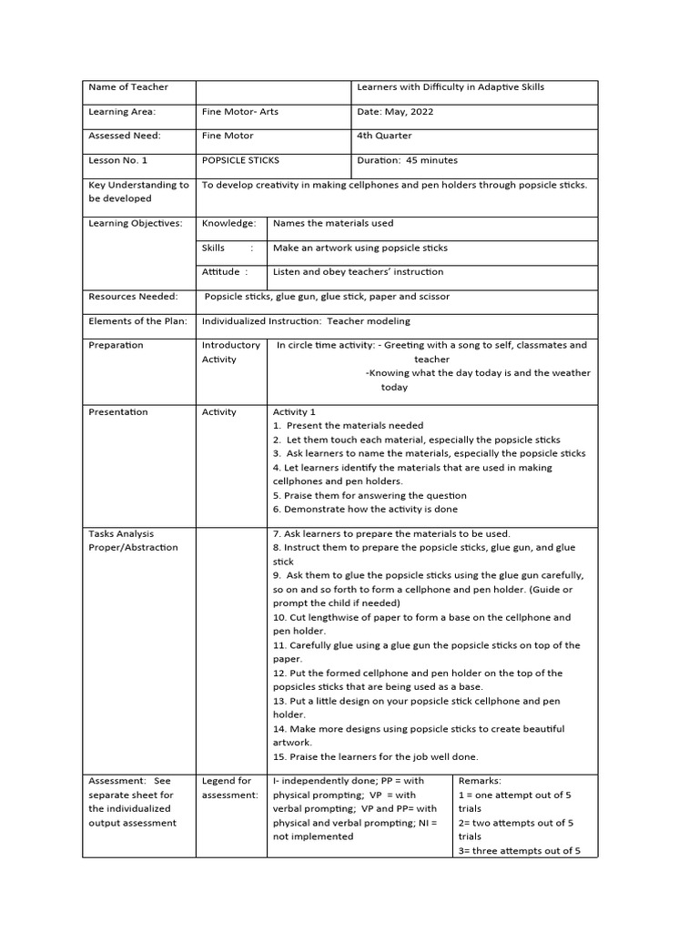 Lesson Plan - POPSICLE STICKS | PDF | Learning | Pedagogy