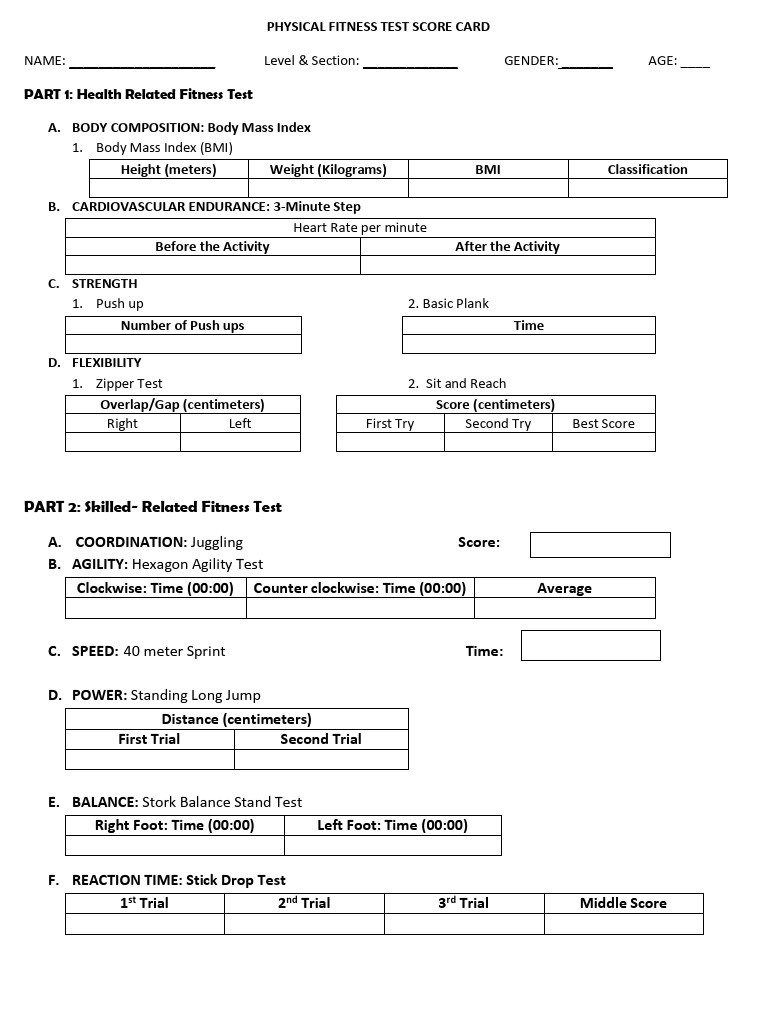 Physical Fitness Test Score Card | PDF