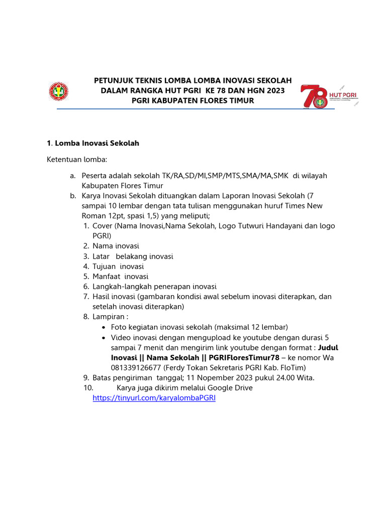 Juknis 14 Mata Lomba Hut Pgri 78 TK - Kab.flotim | PDF