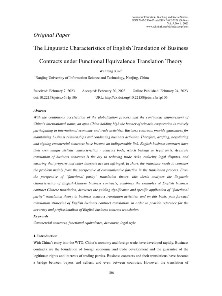 The Linguistic Characteristics Of English Translation Of Business Contracts Under Functional