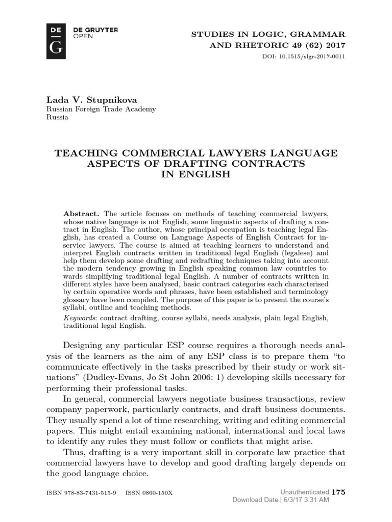 Teaching Commercial Lawyers Language Aspects of Drafting Contracts in ...