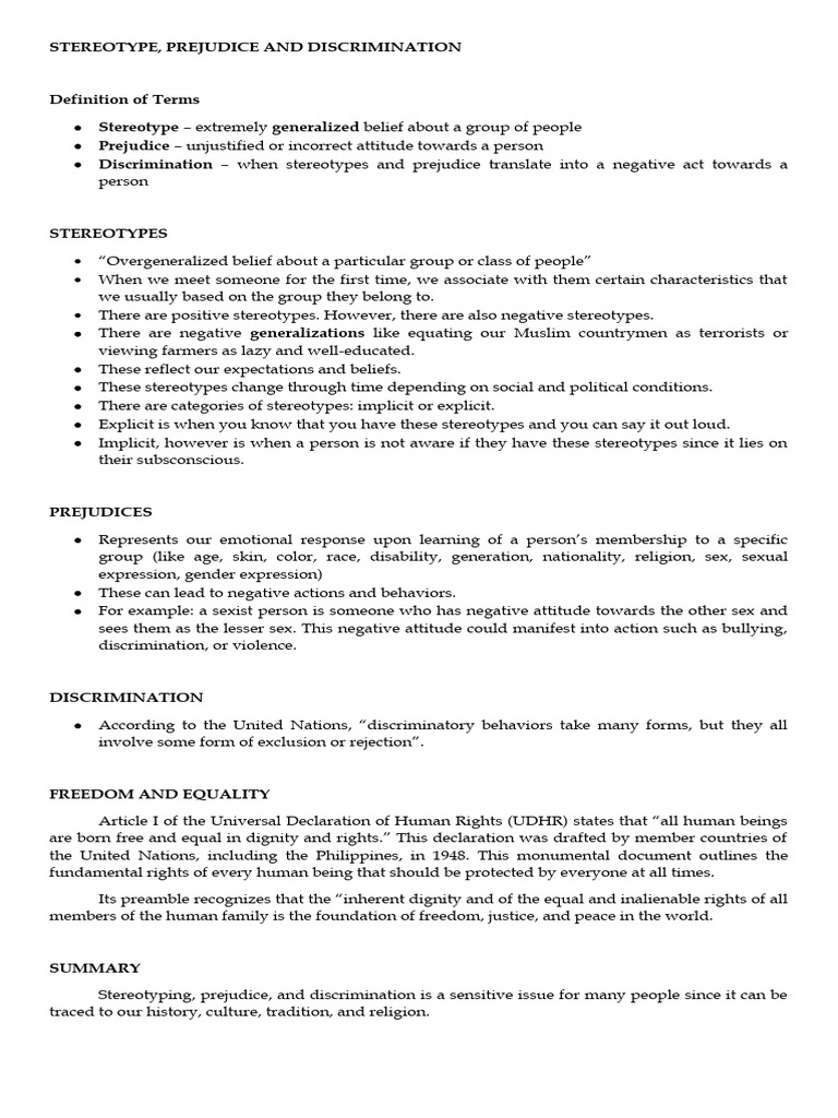 Lesson 1 Stereotype, Prejudices, and Discrimination | PDF