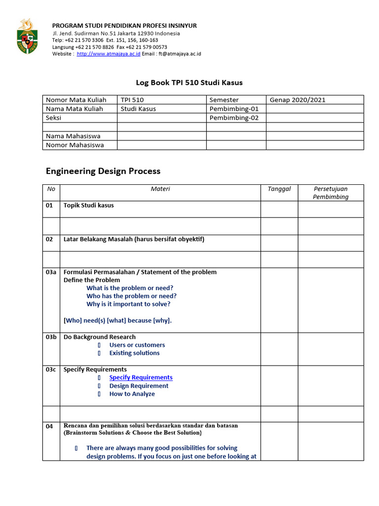Log Book TPI 510 Engineering Design Process - Kosong | PDF ...