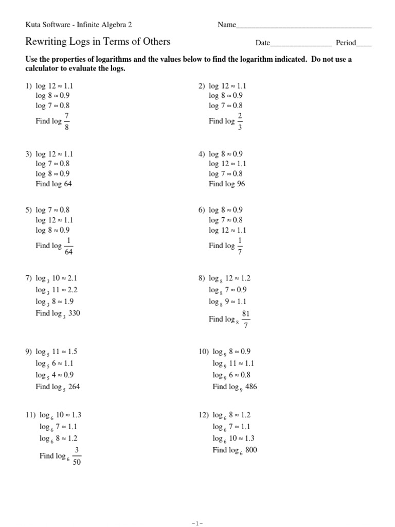 Rewriting Logarithms Worksheet | PDF | Logarithm | Lie Groups