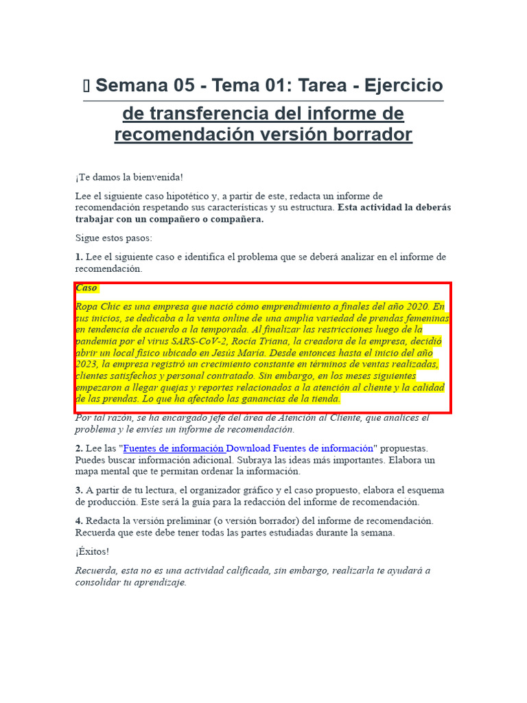 ? Semana 05 - Tema 01 Tarea - Ejercicio de Transferencia Del Informe de Recomendación Versión ...