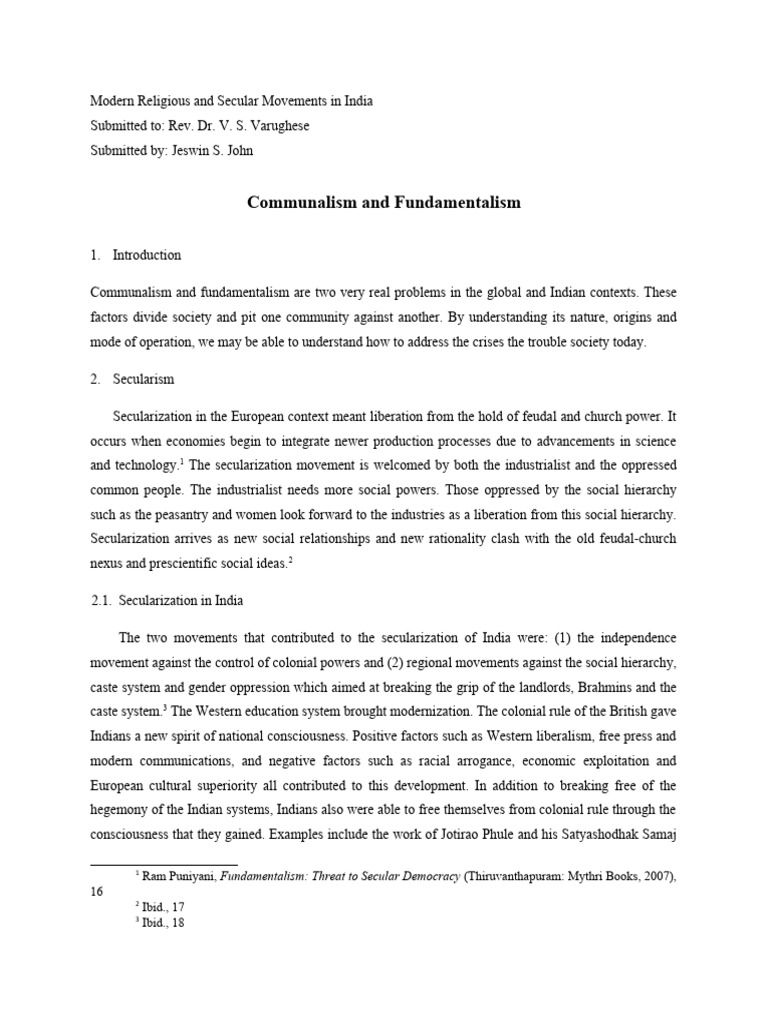 JESWIN Communalism and Fundamentalism - Religous Movements | PDF | Fundamentalism | Jawaharlal Nehru