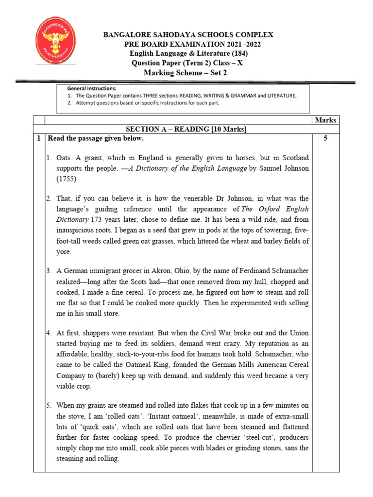 Class 10 English Pre -Board Sahodaya Marking Scheme | PDF | Oatmeal