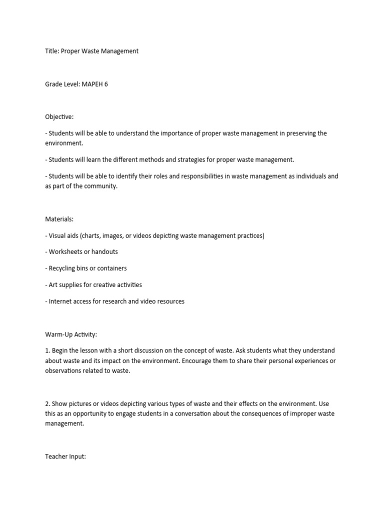 Waste Management Lesson Plan for Kids | PDF | Art