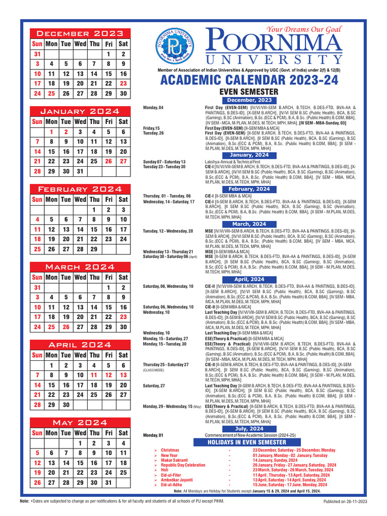 Poornima University Academic Calendar 2023-24 | PDF