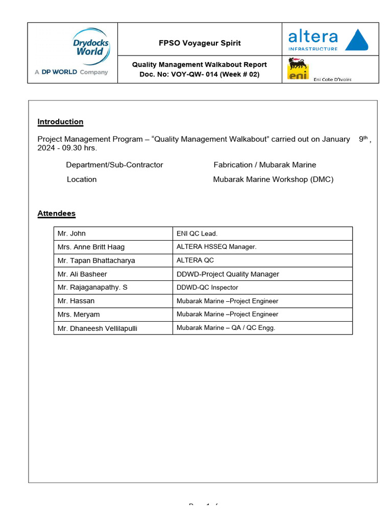 Quality Walkabout Report 09-01-2024 # Week 02 | PDF