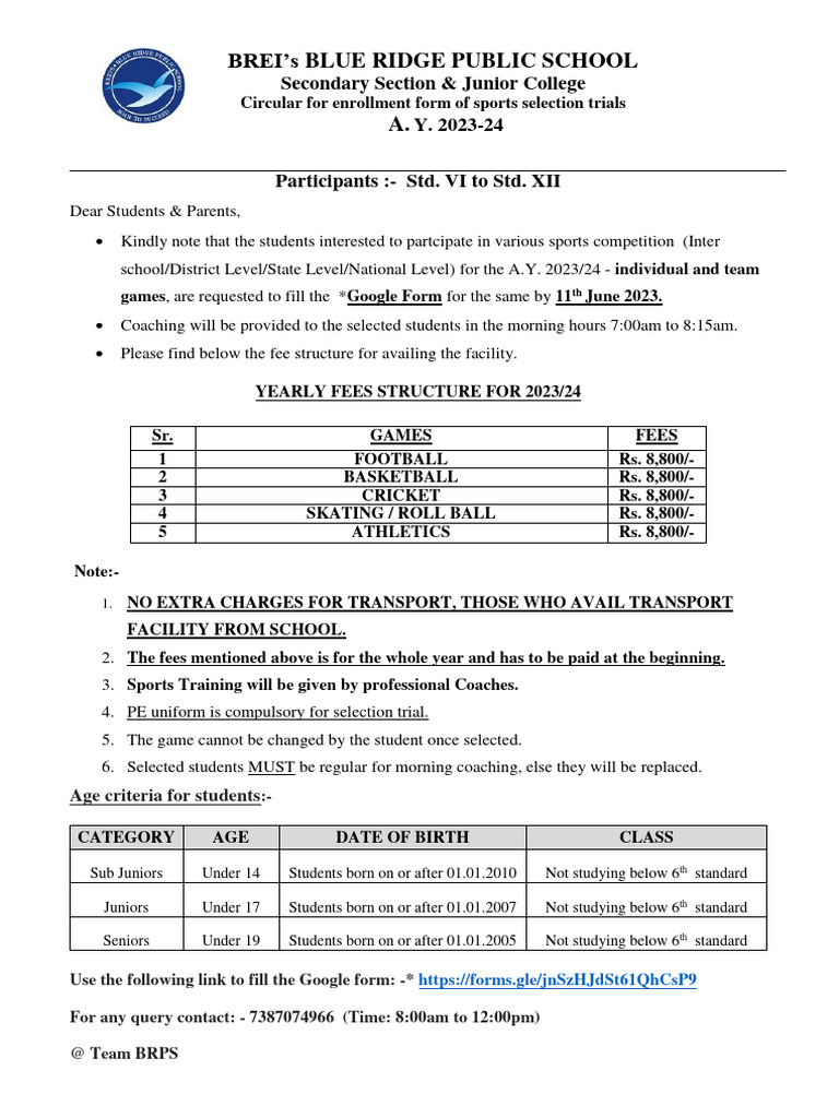 Enrollment Form of Sports Selection Trials A.Y. 2023-24 | PDF