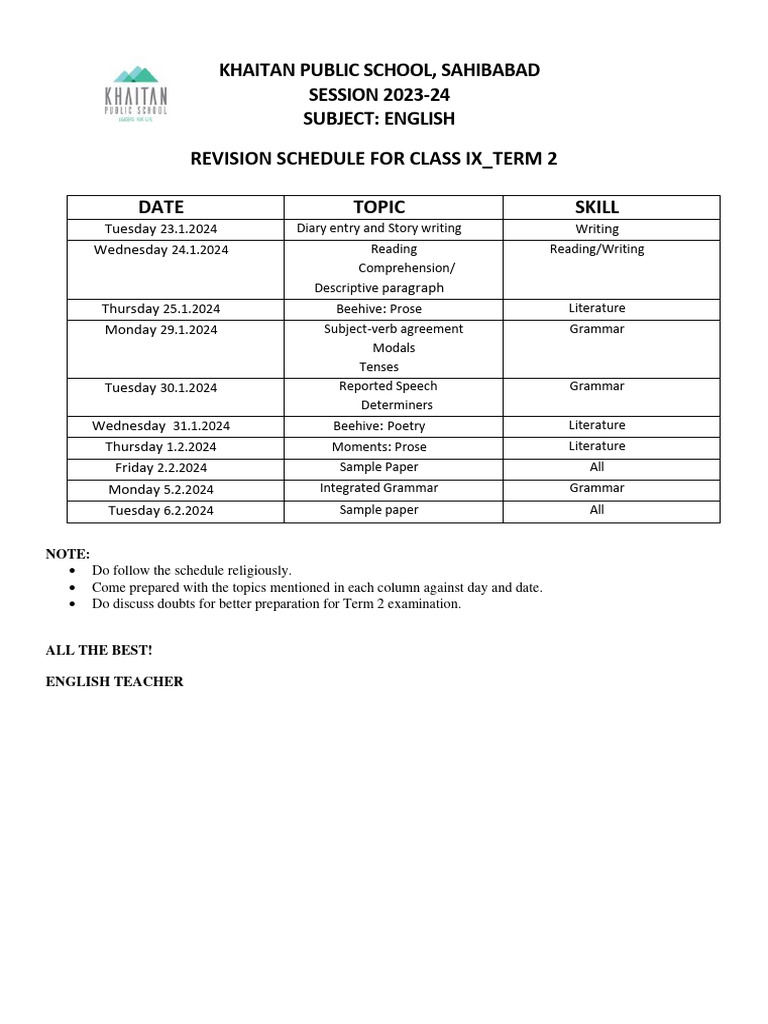 English - Revision - Schedule - Class - IX - Term 2 | PDF