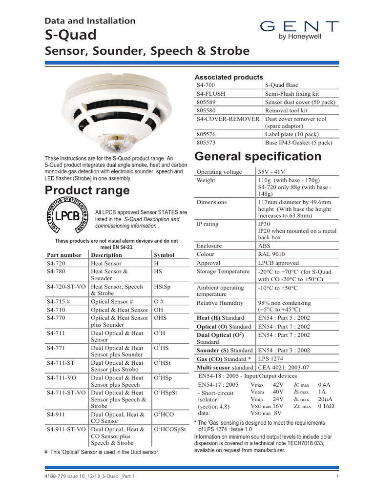Gent Honeywell S4 Sensor Sounder Speech Strobe Rangedata and ...