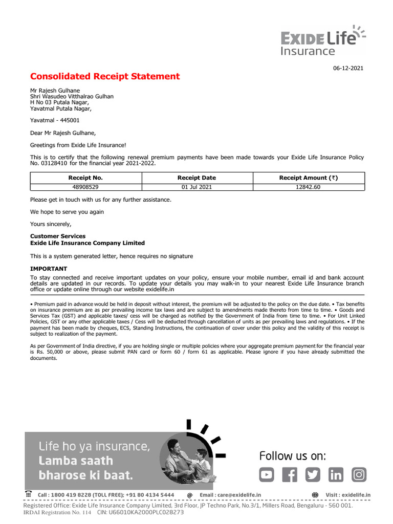 PremiumReceipt 03128410 1638813565 | PDF | Insurance | Life Insurance