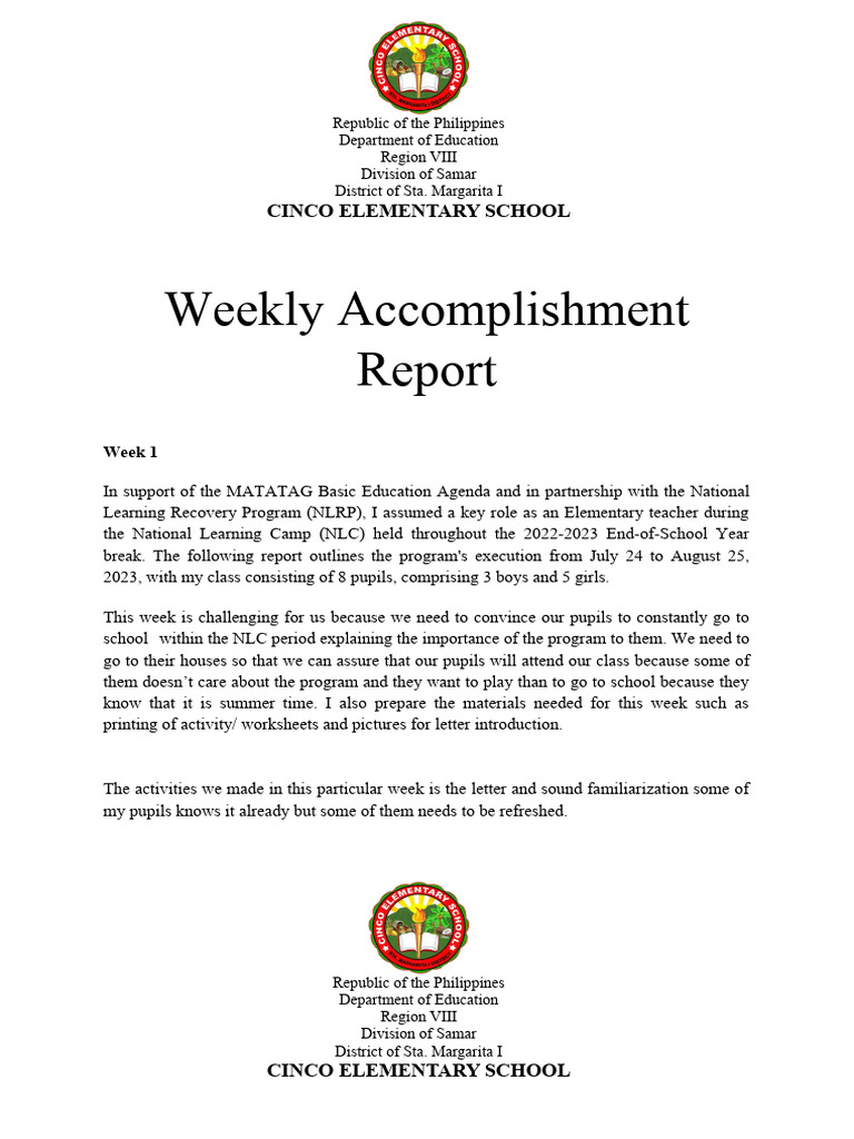 NLC Weekly Accomplishmment Report - Final | PDF | Learning | Human Communication