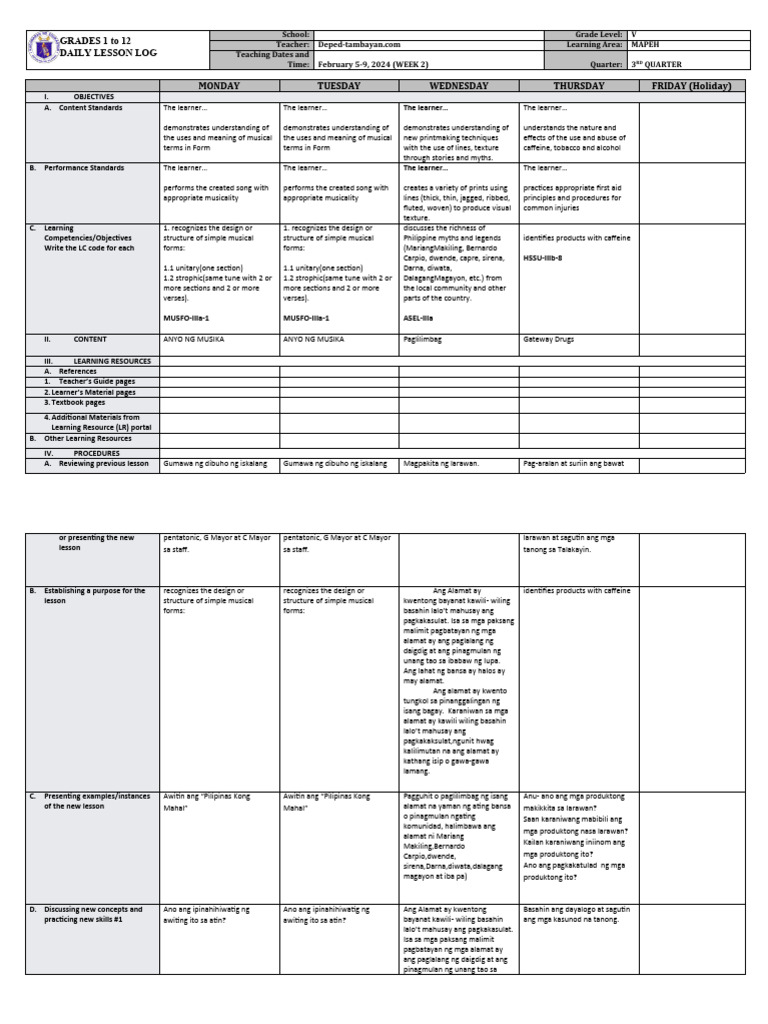 DLL - Mapeh 5 - Q3 - W2 | PDF