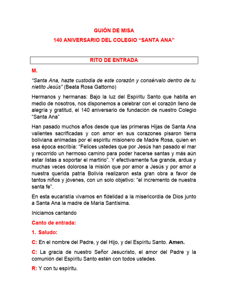 Guion de Misa 140 Aniversario Col Santa Ana | PDF | eucaristía | Misa ...