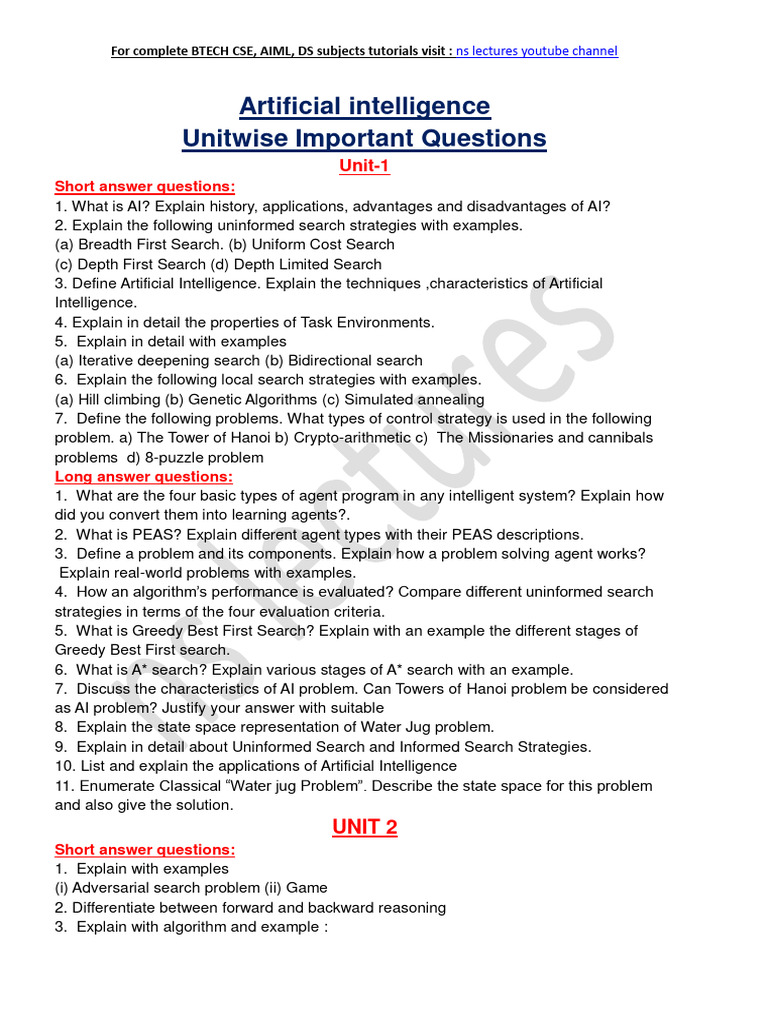 AI Unitwise Imp Questions | PDF | Logic | Artificial Intelligence