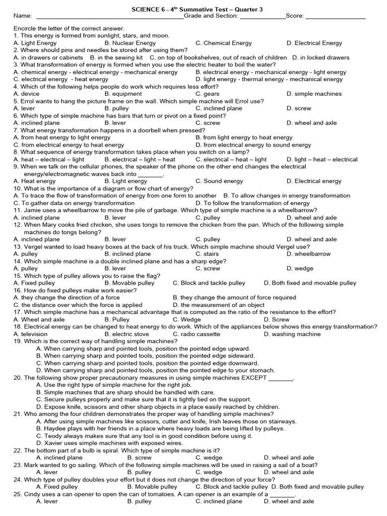 Science 6 Energy & Machines Test | PDF | Machines | Mechanical Engineering