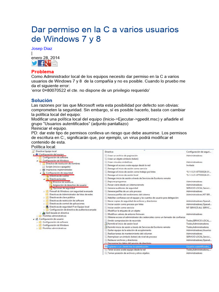 Dar Permiso en La C A Varios Usuarios de Windows 7 y 8 | PDF