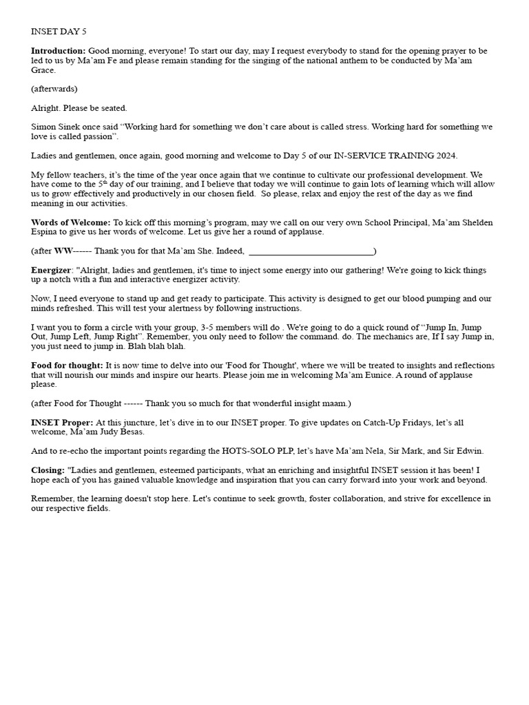INSET DAY 5 Script | PDF