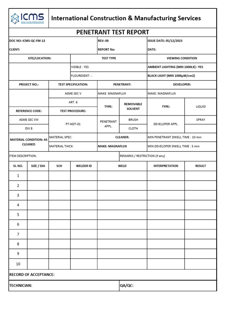 Icms QC FM 13 DPT Report | PDF