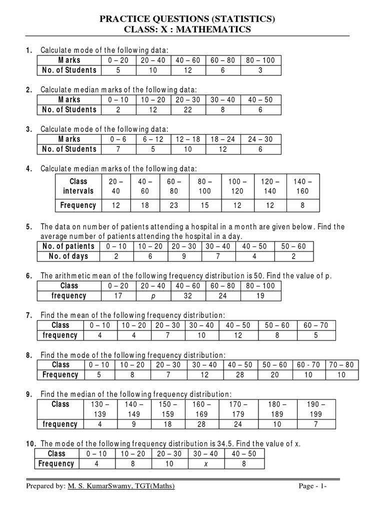 Practice Questions Statistics Class X Set 02 | PDF | Arithmetic Mean ...