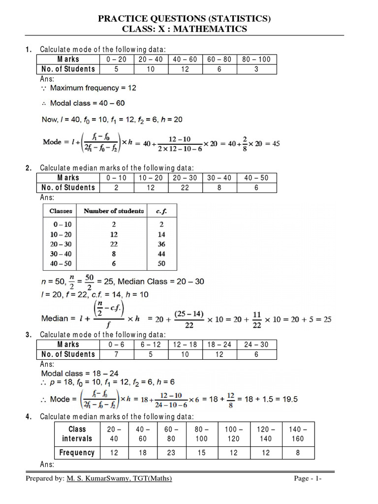 Practice Questions Statistics Class X Set 02 Answers | PDF