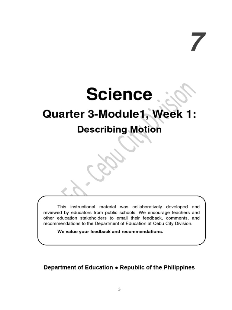 Science: Quarter 3-Module1, Week 1 | PDF | Speed | Velocity