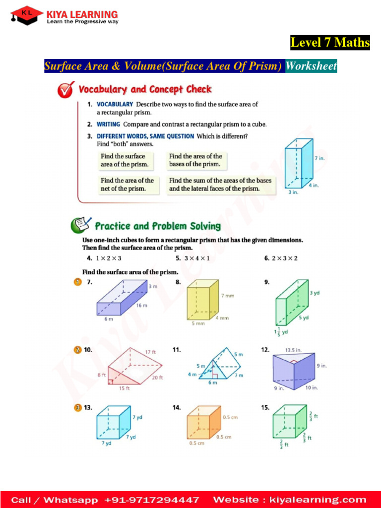 Level 7 Maths-Surface Area & Volume (Surface Area of Prism) Worksheet | PDF