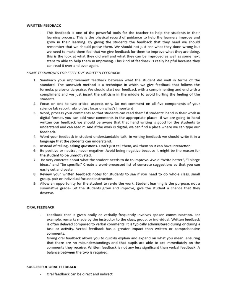 Written Feedback | PDF | Communication | Behavior Modification