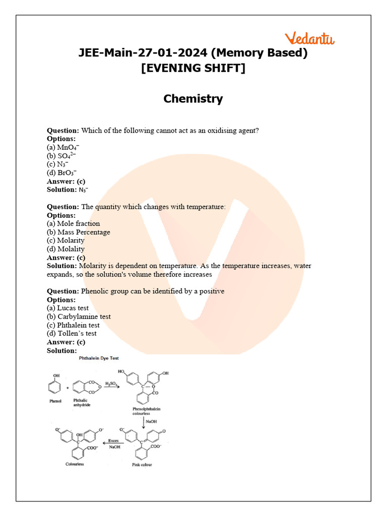 JEE Main 2024 (January 27 Shift 2) Chemistry Question Paper with ...