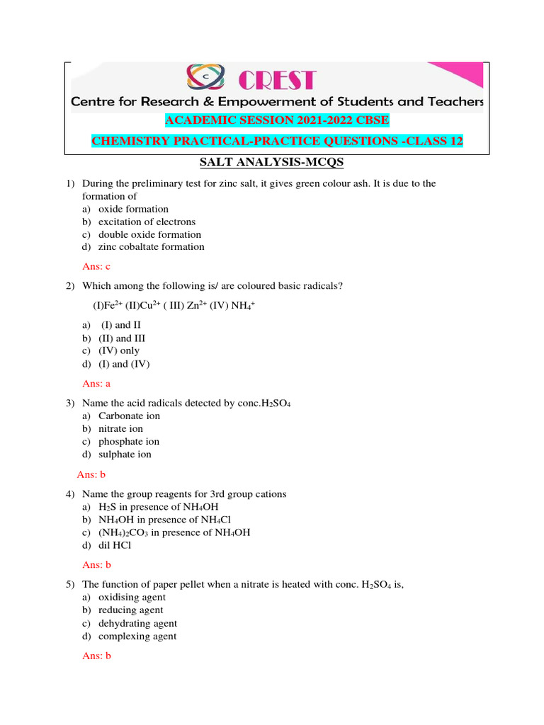 Class 12 Salt Analysis Practice Questions | PDF