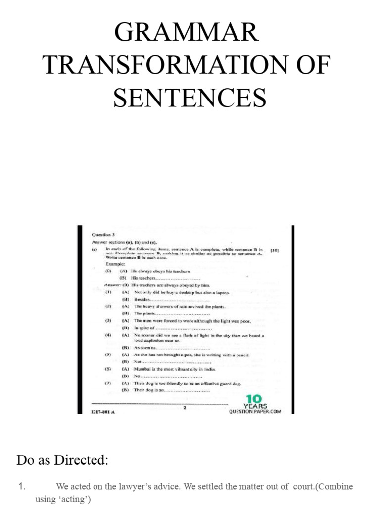 Grammar Transformation of Sentences - Ppt | PDF