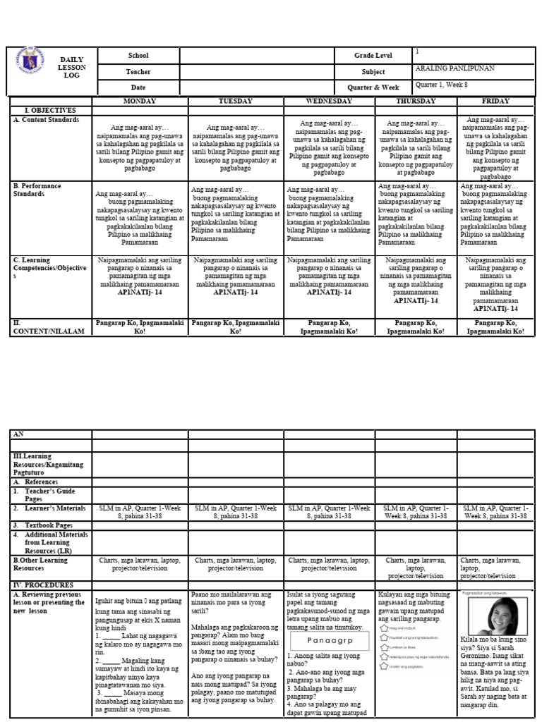 Grade 1-DLL Week 8 Ap | PDF