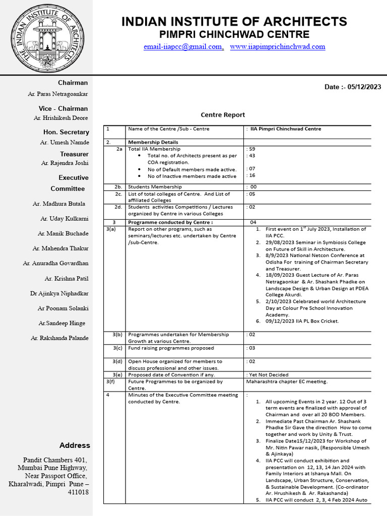 IIA PCC Report To Maharashtra Chapter | PDF