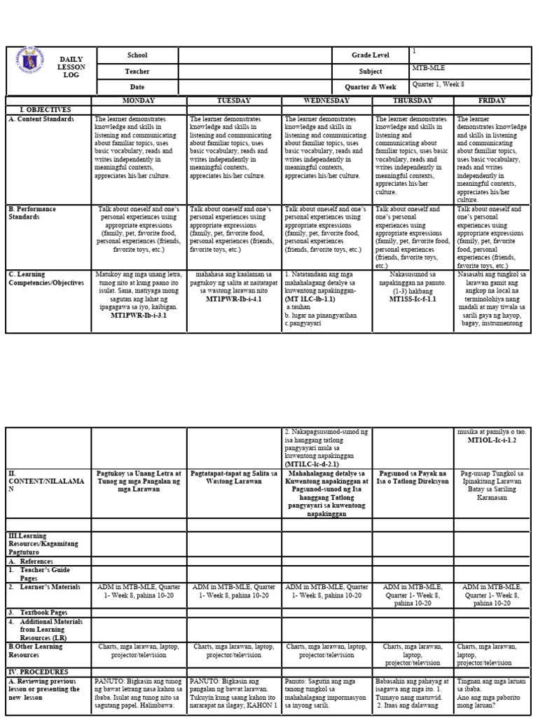 Grade 1-DLL Week 8 MTB | PDF | Vocabulary | Learning