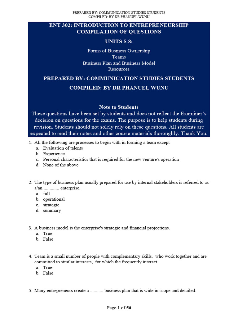 Entrepreneurship Units 5-8 Questions | PDF