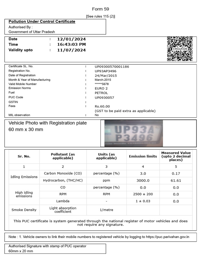 Form 59: Vehicle Photo With Registration Plate 60 MM X 30 MM | PDF