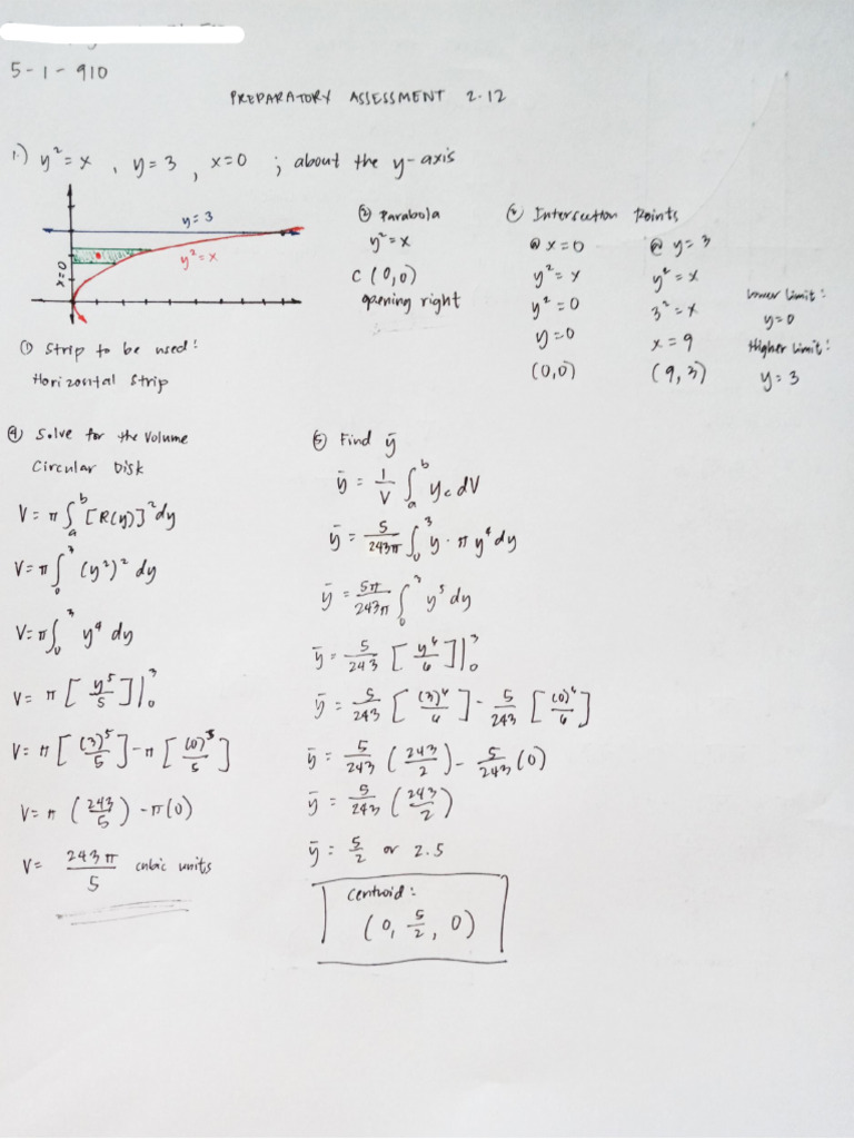 Integral Calculus Practice Quiz - Centroid of Solid of Revolution (Ateneo de Davao University) | PDF