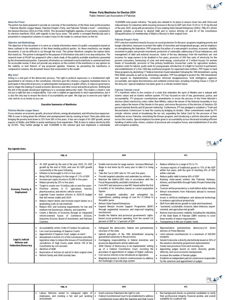 PILAP Primer - Party Manifestos For Election 2024 | PDF